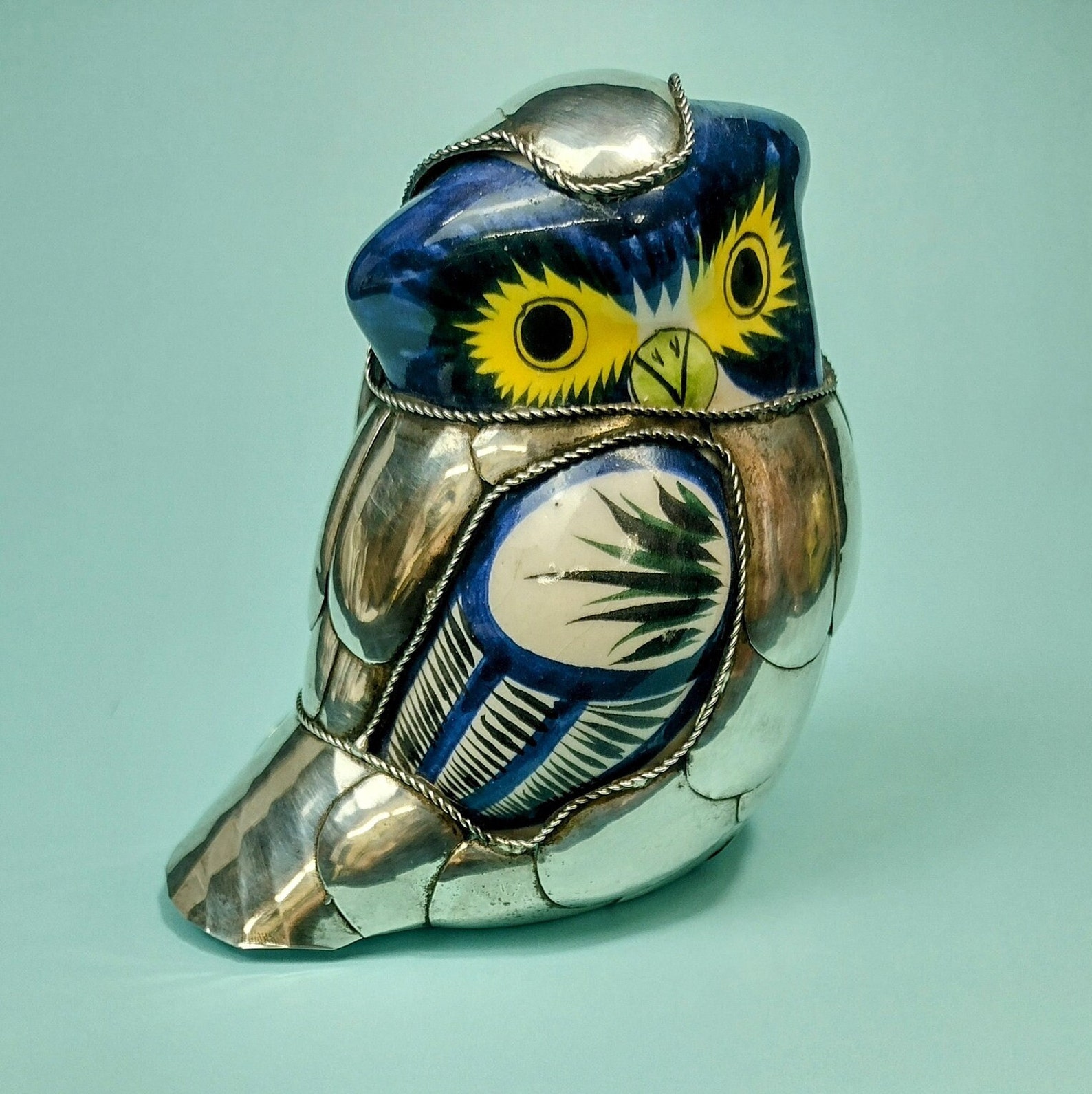 Silverplate and Ceramic Owl Statue - Etsy