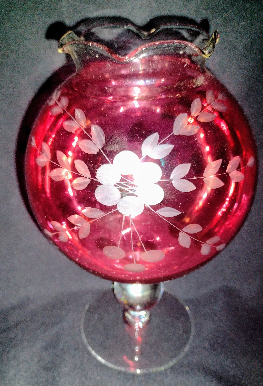 Vintage Etched Cranberry Glass Globe Vase - Etsy