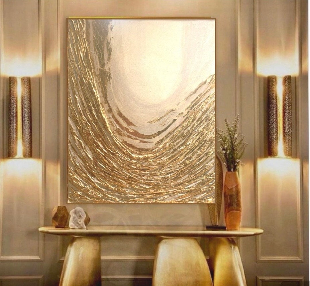 Large Crème Gold Textured Wall Art, Handmade Gold Contemporary Painting ...