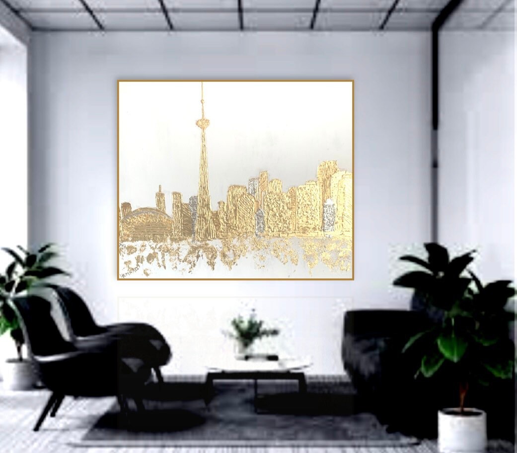 Toronto Skyline Painting on Canvas ,white Gold Abstract Wall Art ...
