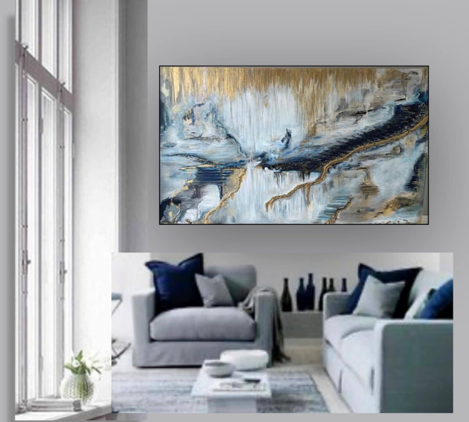 Extra Large Abstract Canvas Wall Art, White Blue Gold Modern Painting ...