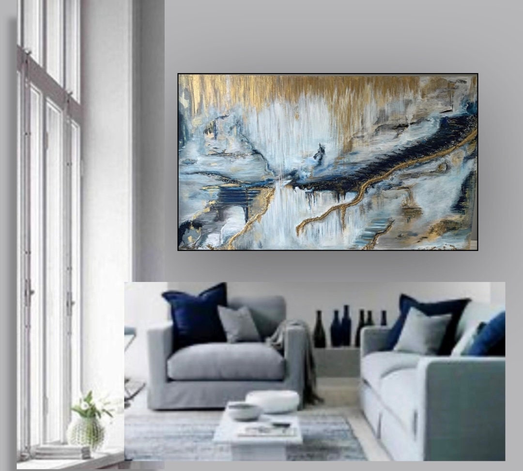 Extra Large Abstract Canvas Wall Art, White Blue Modern Colorful ...