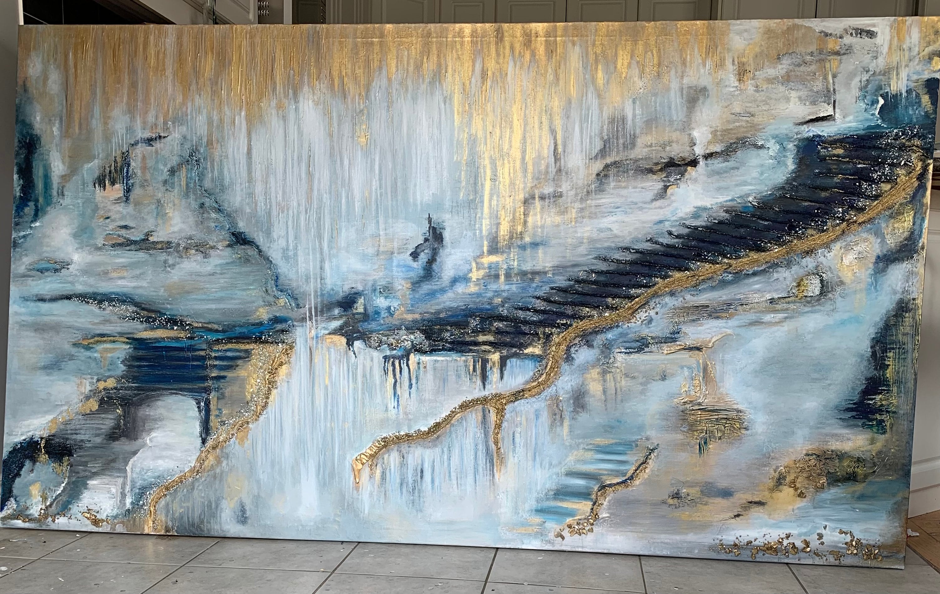Extra Large Abstract Canvas Wall Art, White Blue Gold Modern Painting ...