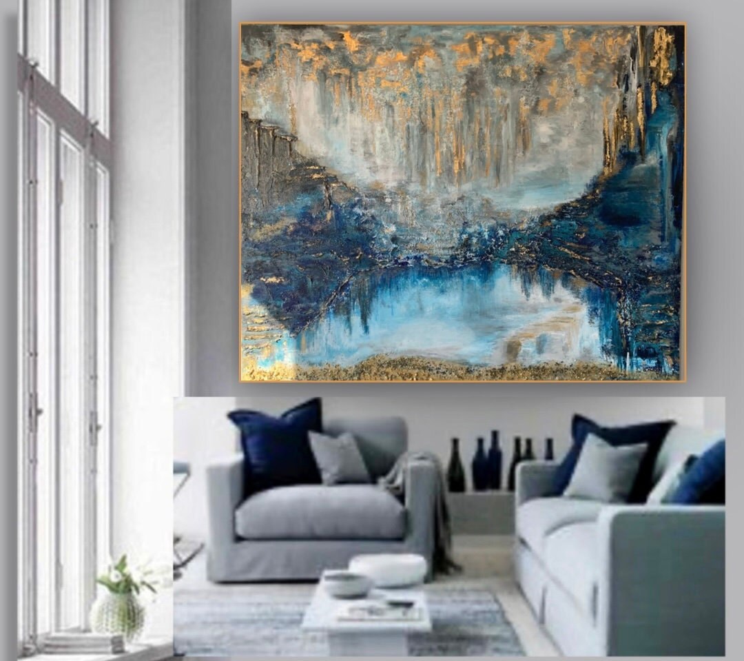 Extra Large Abstract Wall Art, White Blue Oversized Modern Abstract ...