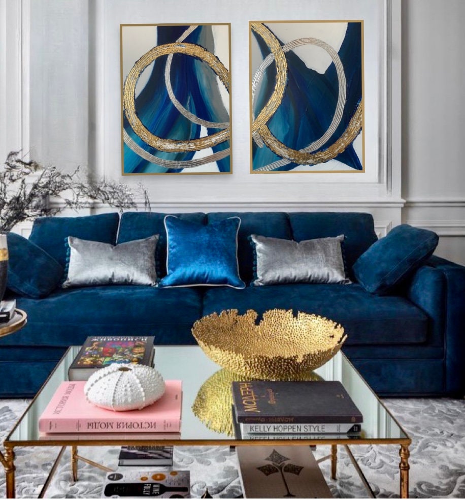 Large Abstract White Blue Gold Wall Art, Set of Two Contemporary Wall ...