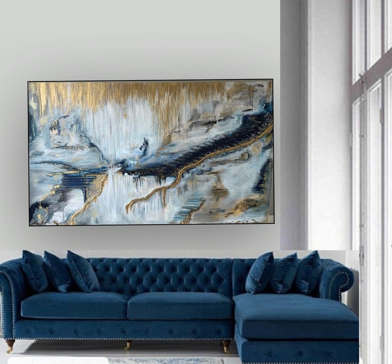 Extra Large Abstract Canvas Wall Art, White Blue Gold Modern Painting ...