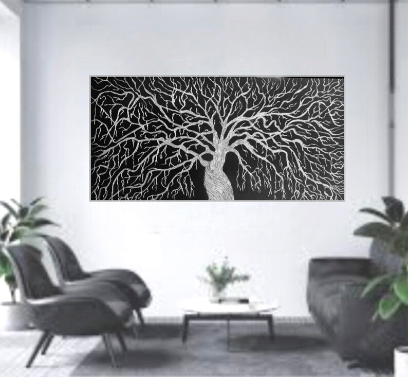 Large Black Silver Tree Painting With Texture Silver Living Room ...
