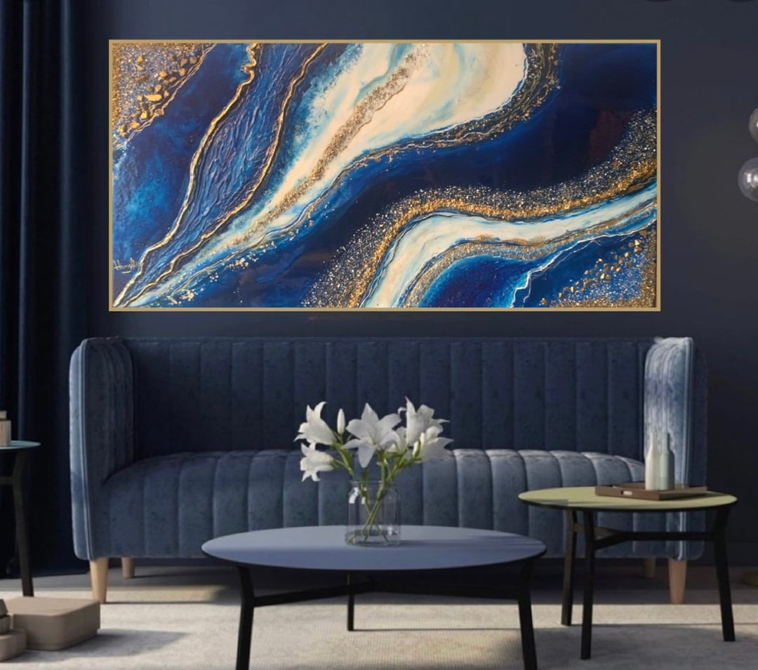 Large Dark Blue Gold Abstract Canvas Wall Art,resin and Textured Gold ...
