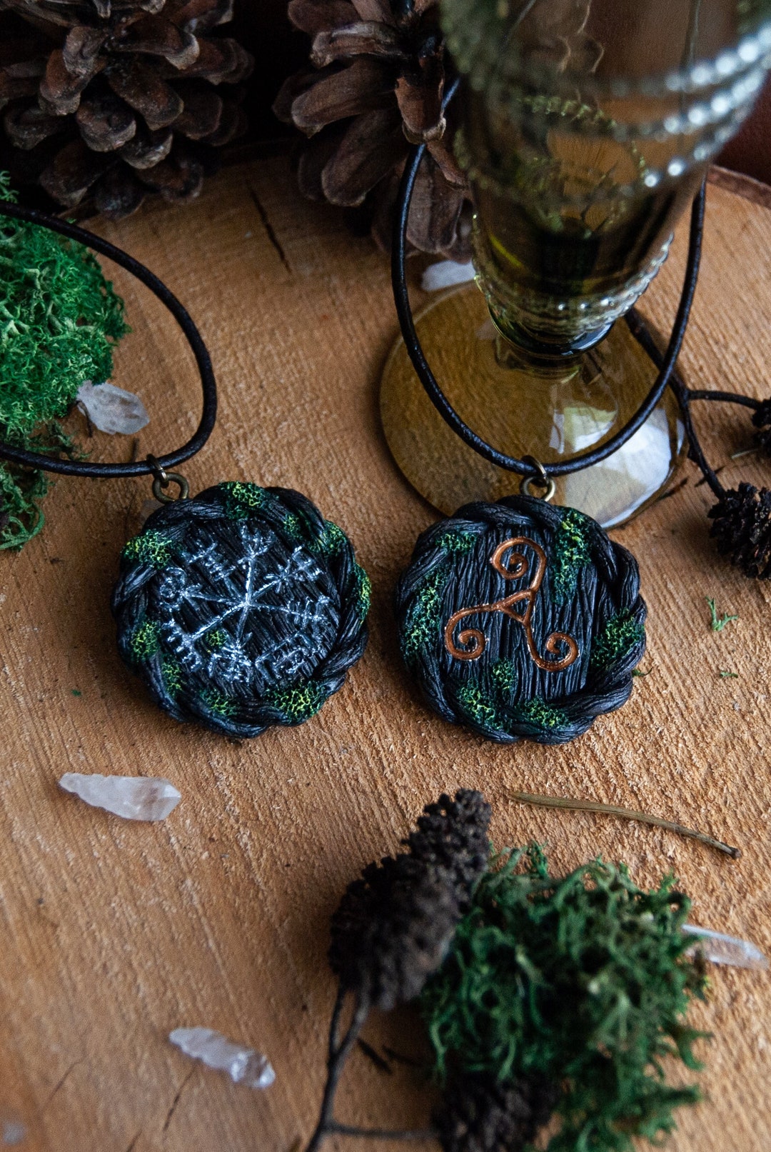 Small Triskell and Vegvisir Medallion Pendants on Polymer Clay Tree ...