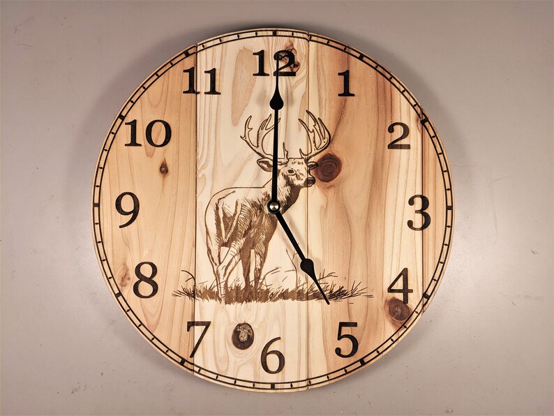 Engraved Cedar Wood Wall Clock - Rustic Deer / Hunting Engraving - Gift ...
