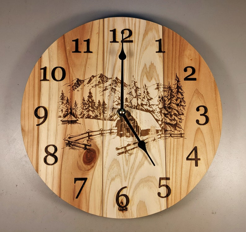 Engraved Cedar Wood Wall Clock - Rustic Winter Cabin Mountain Scene ...