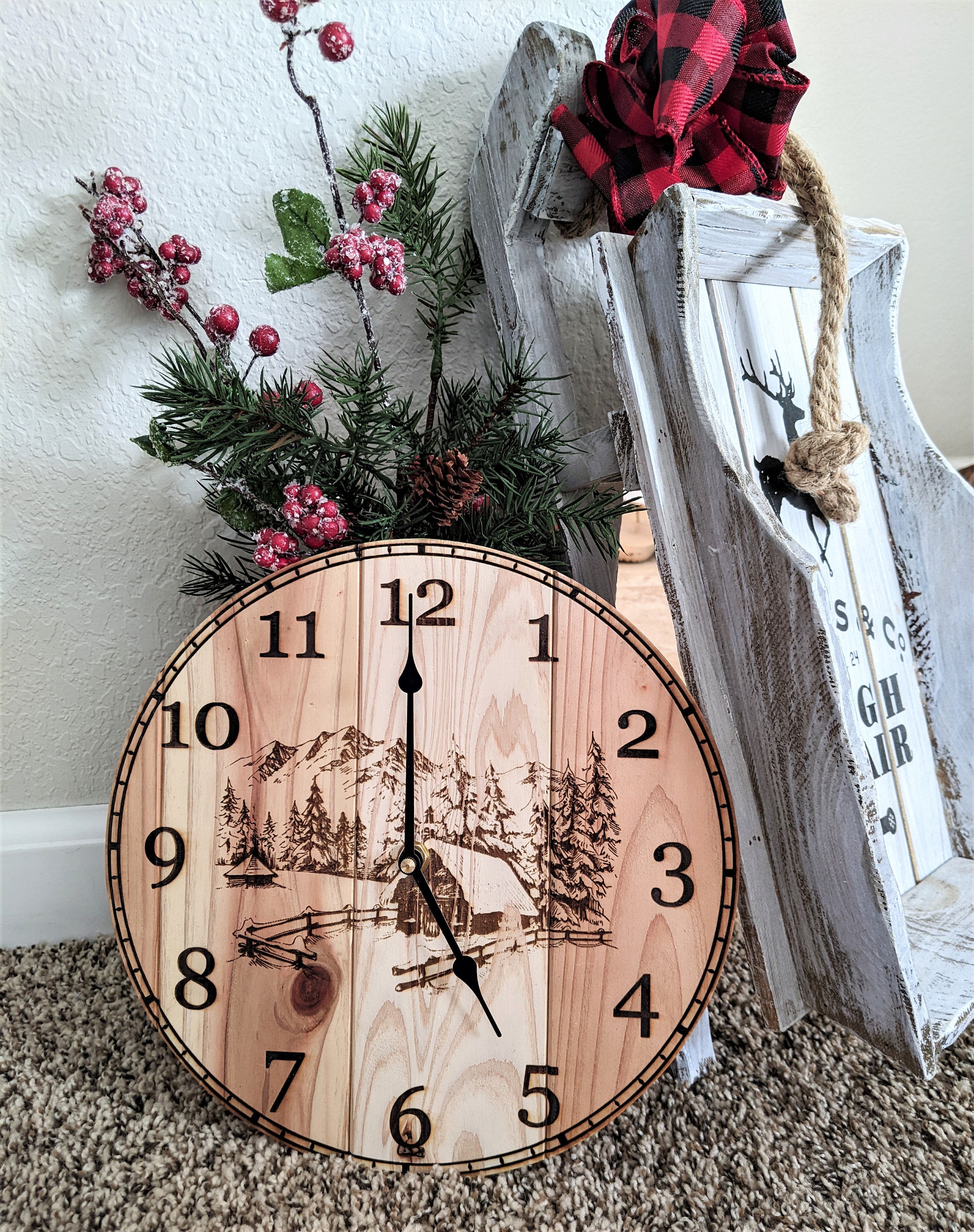 Engraved Cedar Wood Wall Clock - Rustic Winter Cabin Mountain Scene ...