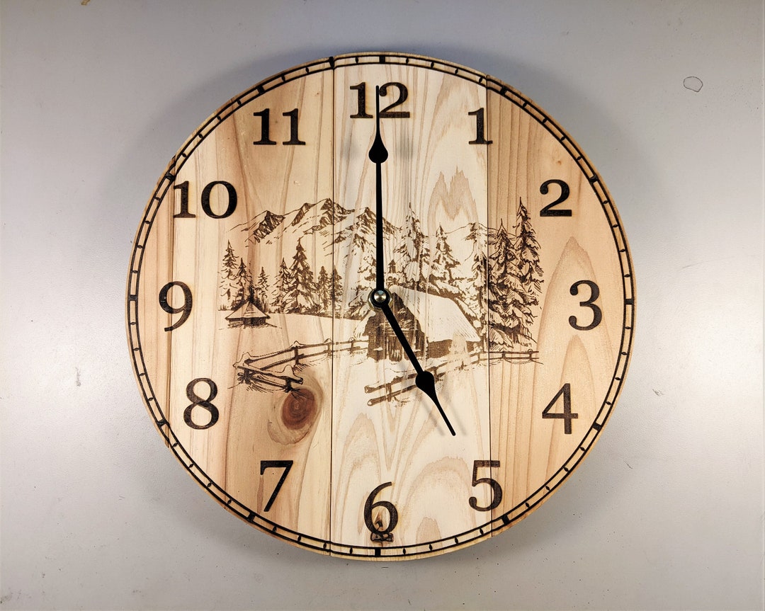 Engraved Cedar Wood Wall Clock - Rustic Winter Cabin Mountain Scene ...