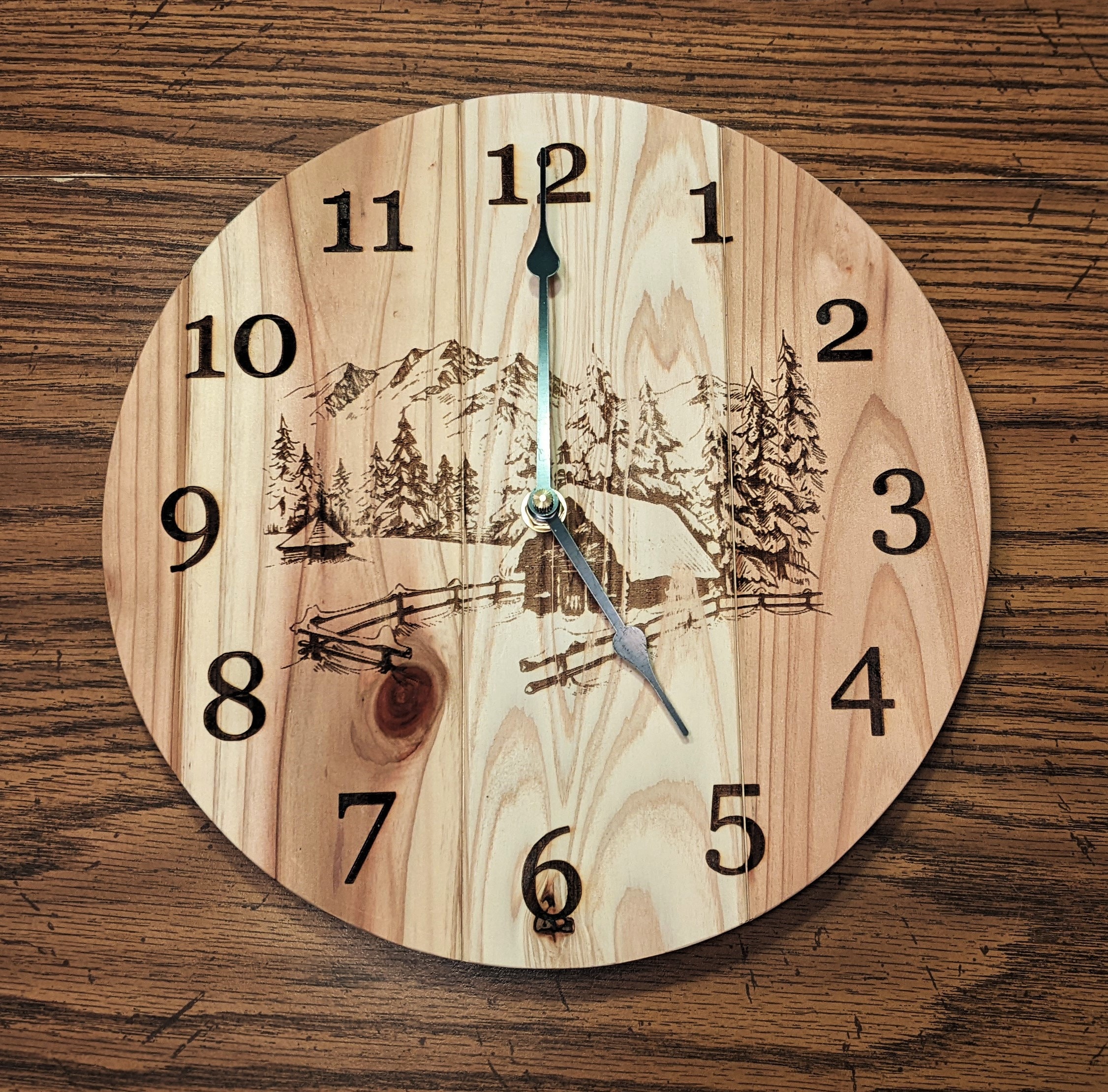 Engraved Cedar Wood Wall Clock - Rustic Winter Cabin Mountain Scene ...