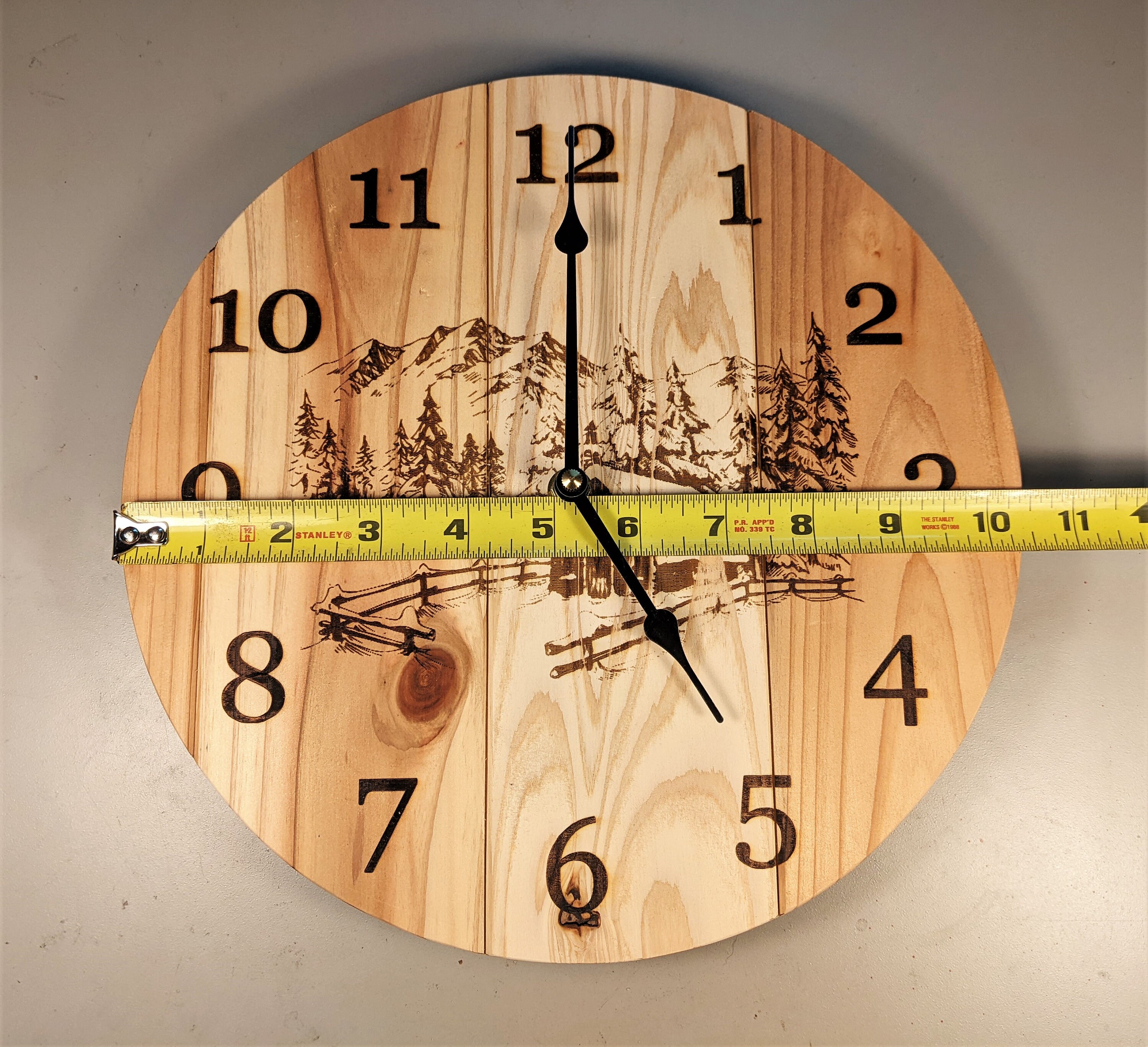 Engraved Cedar Wood Wall Clock - Rustic Winter Cabin Mountain Scene ...