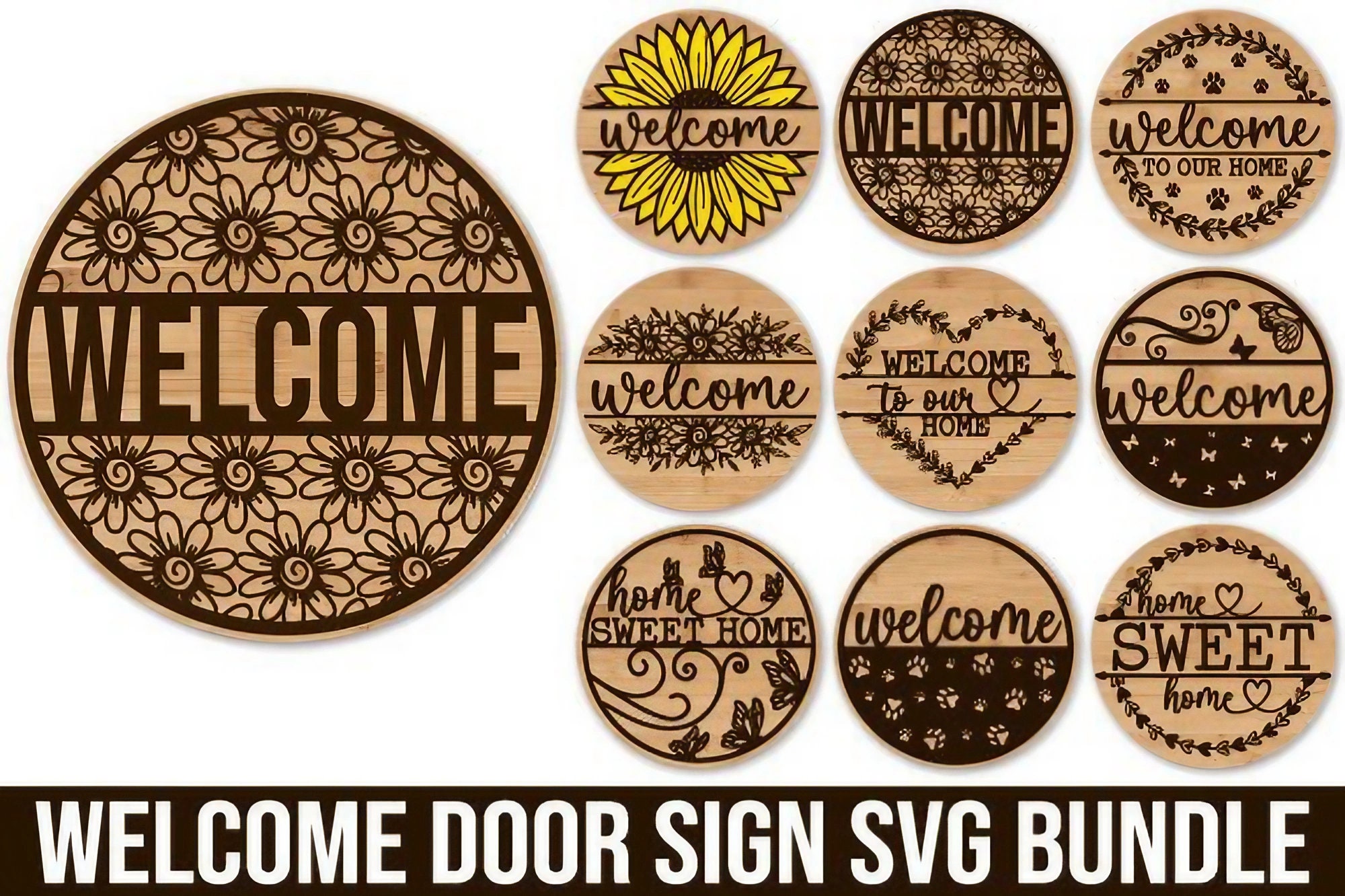 Floral Laser Cut Welcome Door Sign Bundle SVG - Etsy