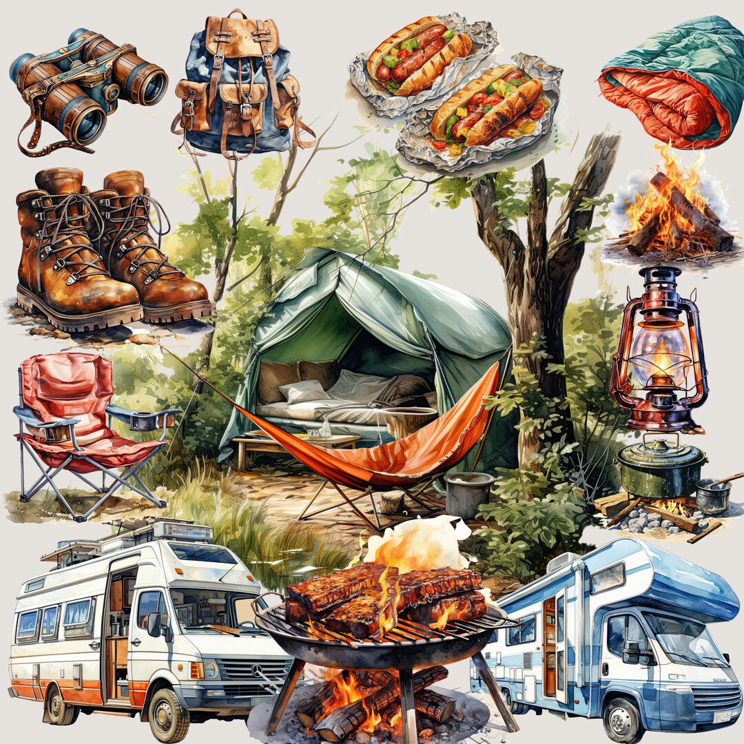 Watercolor Camping Clipart Bundle Outdoor Sublimation Design 35 PNG ...