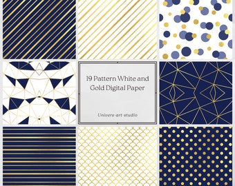 Royal Blue, White & Gold Digital Paper, White and Gold, Blue and Gold ...