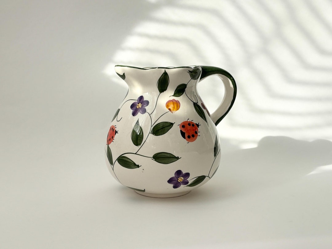 Floral & Ladybug Painted Ceramic Vintage XL Farmhouse Style Butterfly ...