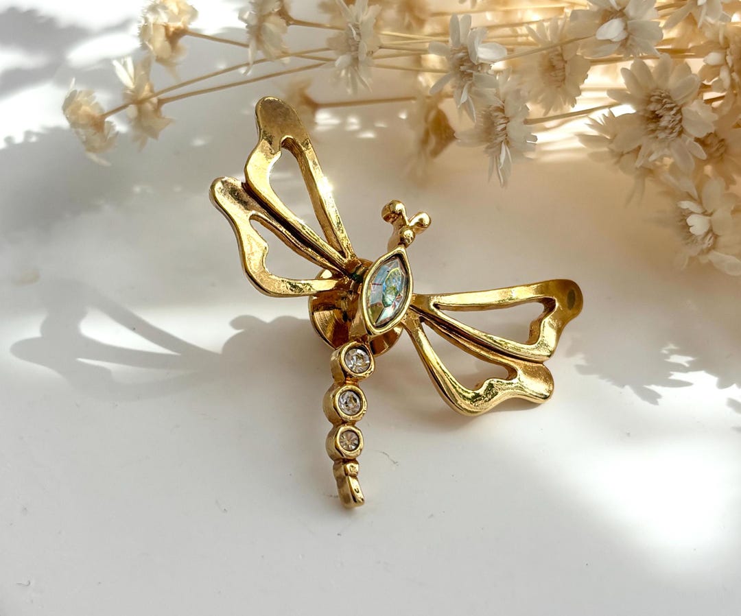 Avon Signed Gold Toned Iridescent Accented Dragonfly | Butterfly ...