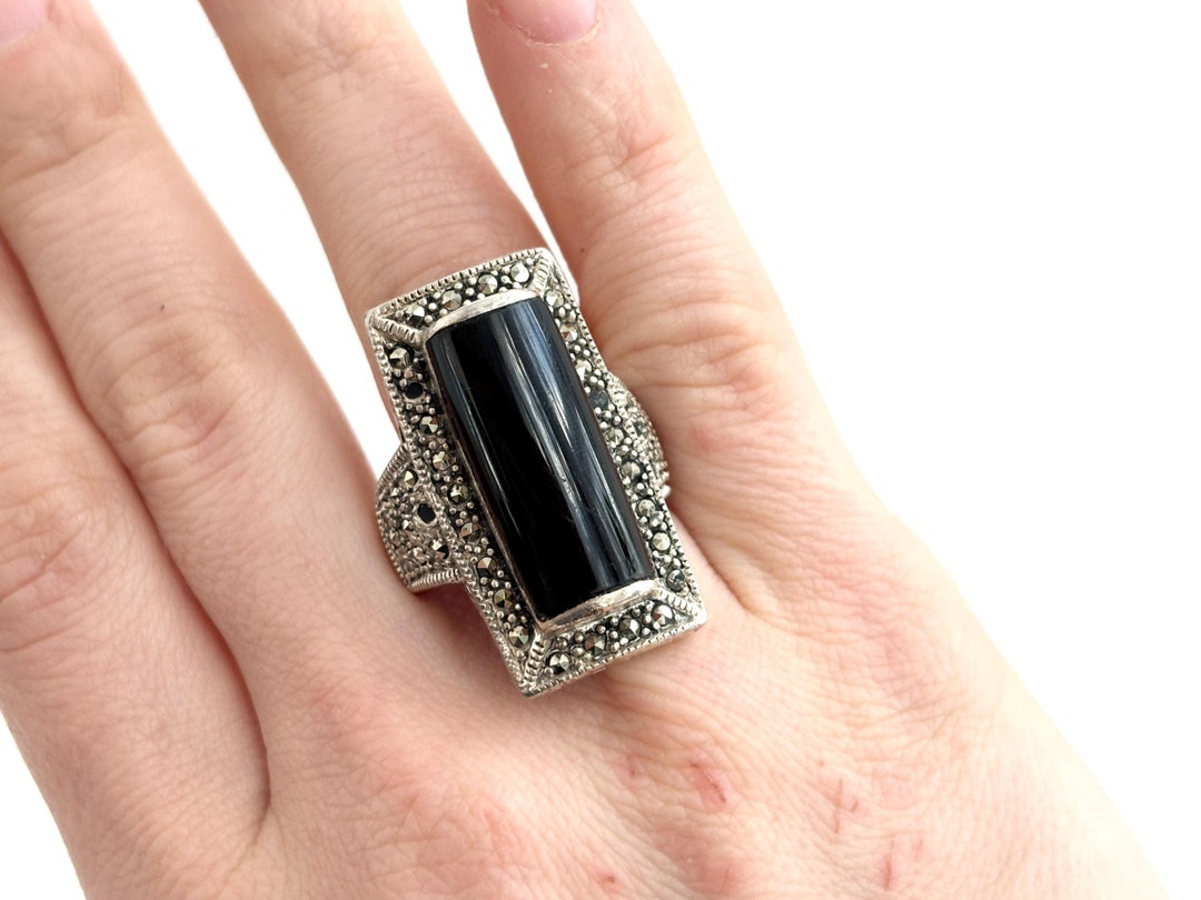 Art Deco Black Onyx & Marcasite Gemstone Domed Rectangular Vintage Tapered Shank Cocktail Ring ...