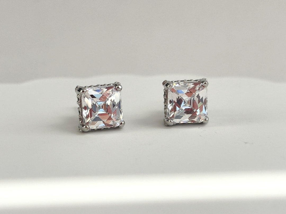 Sterling Silver Vintage Tycoon Signed Solitaire Square Cut Cubic Zirconia Minimalist Stud Post ...