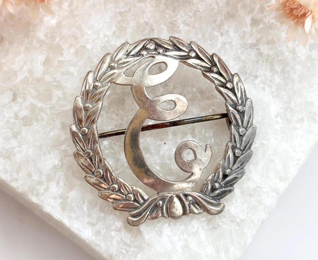Wreath Accented Letter "e" Monogram Initial Sterling Silver Modernist ...