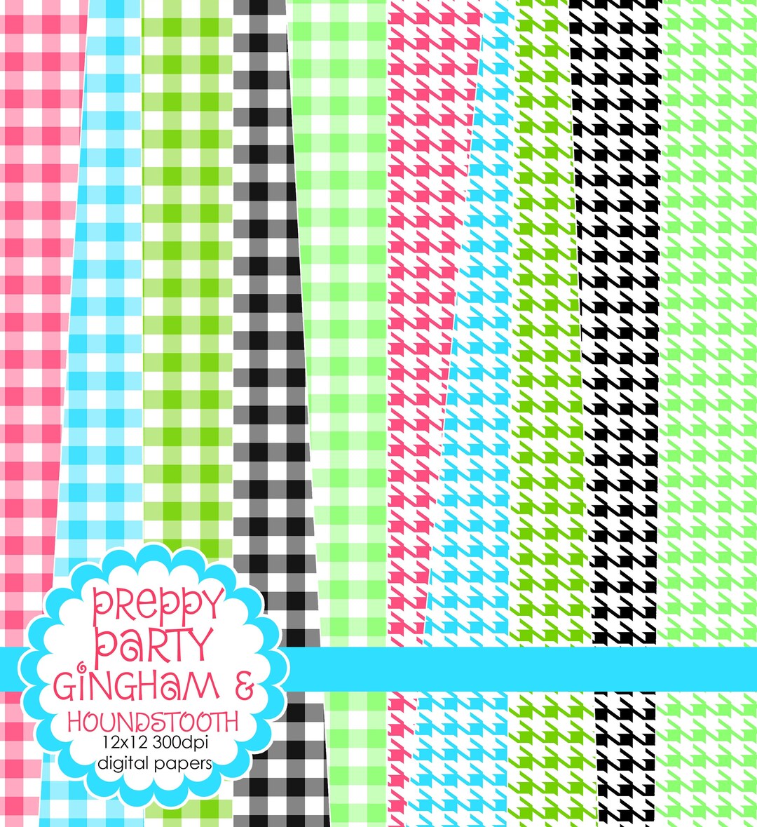 Preppy Party Gingham and Houndstooth 12x12 Digital Paper Pack Preppy ...