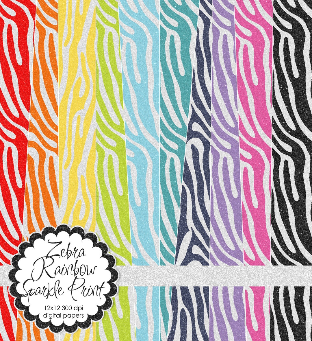 Rainbow Zebra Sparkles 12x12 Digital Paper Pack Red, Yellow, Green ...
