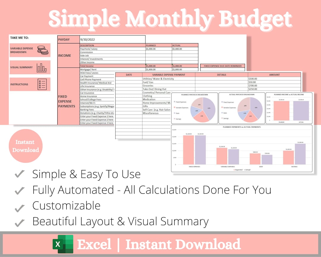 Simple Monthly Budget Excel Spreadsheet Paycheck Budget Excel ...