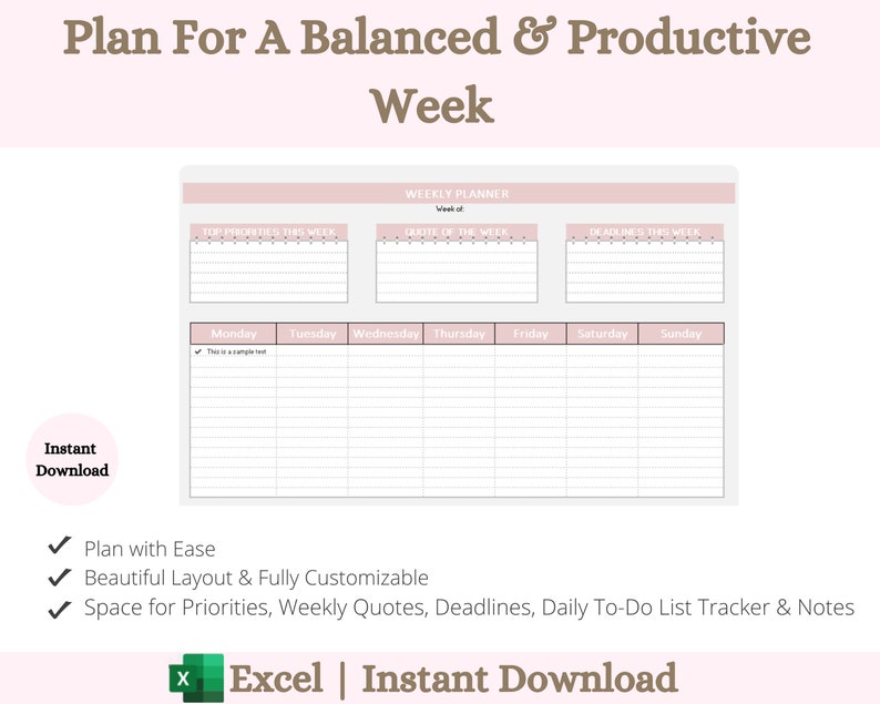 Planificador semanal Hoja de cálculo de Excel Rosa - Etsy México