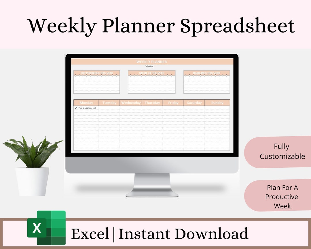 Weekly Planner Excel Spreadsheet Peach - Etsy