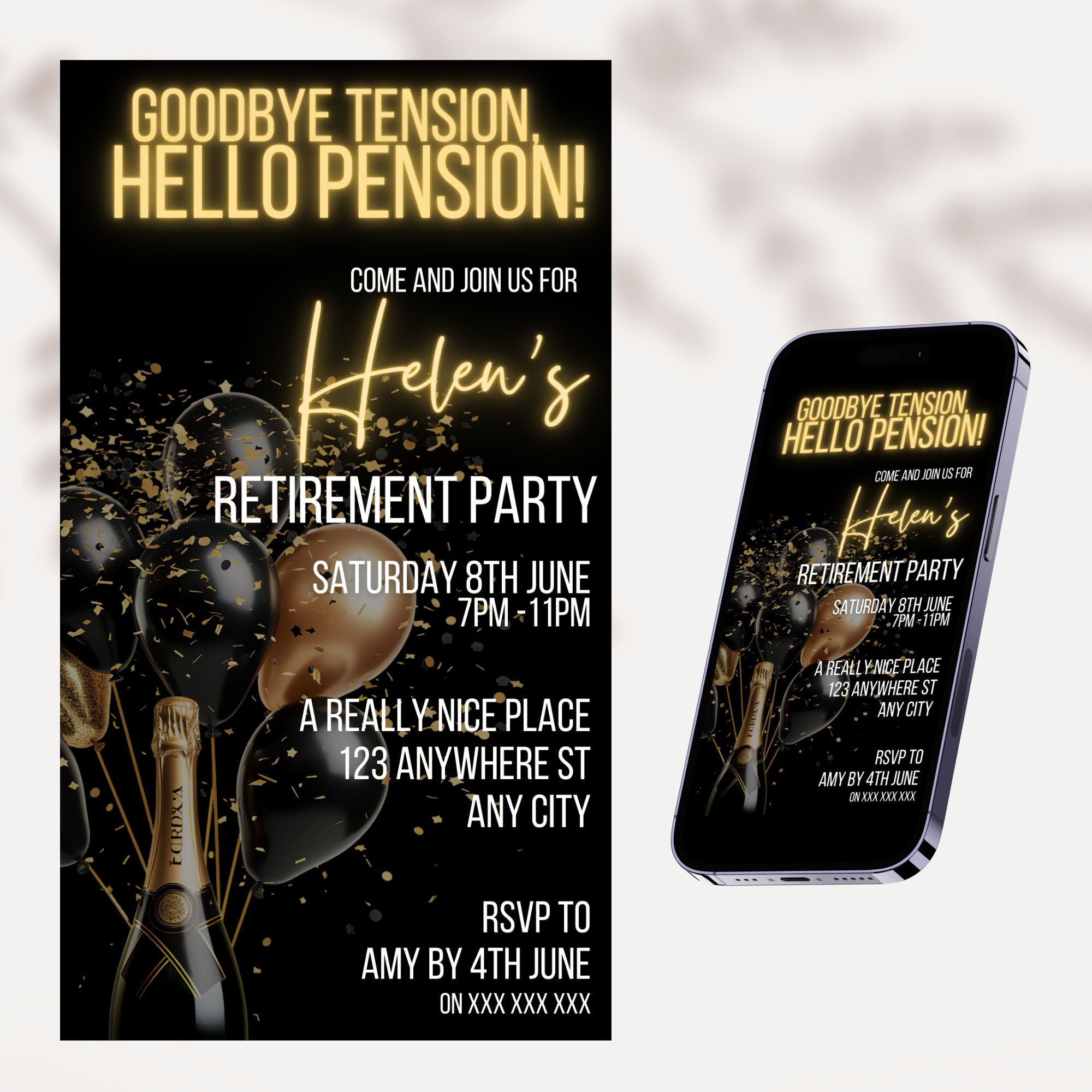 Digital Retirement Party Invitation for Her or Him, Modern Black and ...
