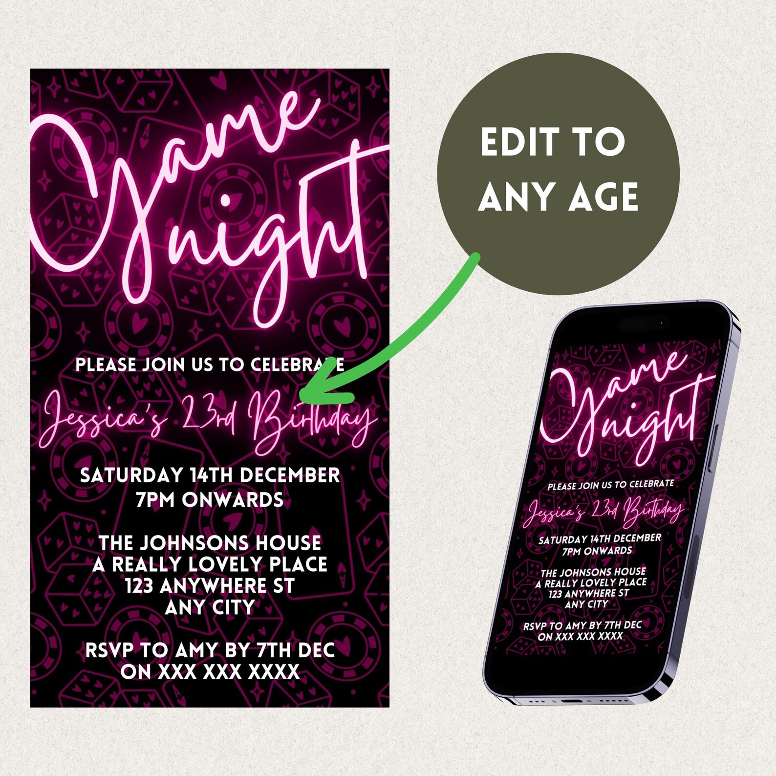 Digital Game Night Party Invitation for Women, Electronic Any Age Pink ...