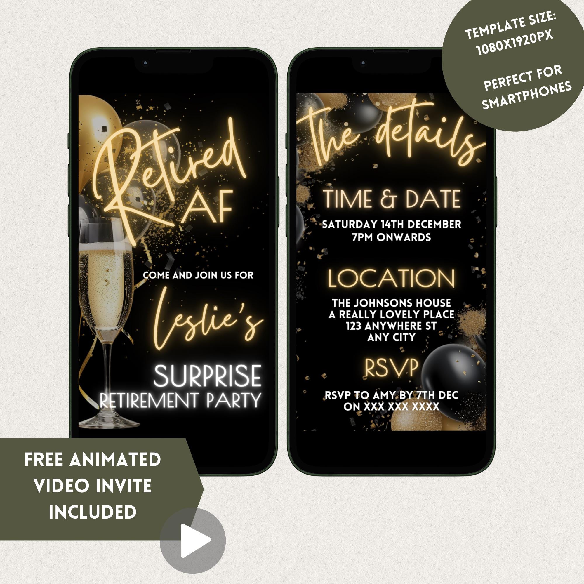 Digital Surprise Retirement Party Invitation, Modern Black and Gold ...