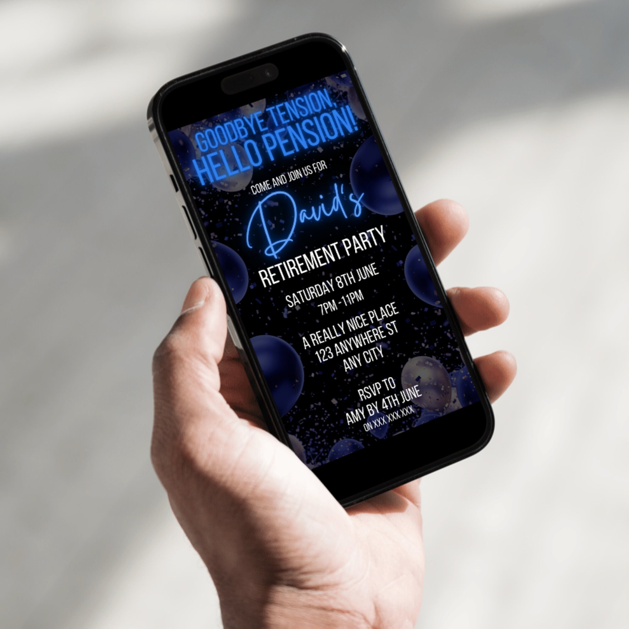 Digital Retirement Party Invitation for Him, Modern Black and Blue ...
