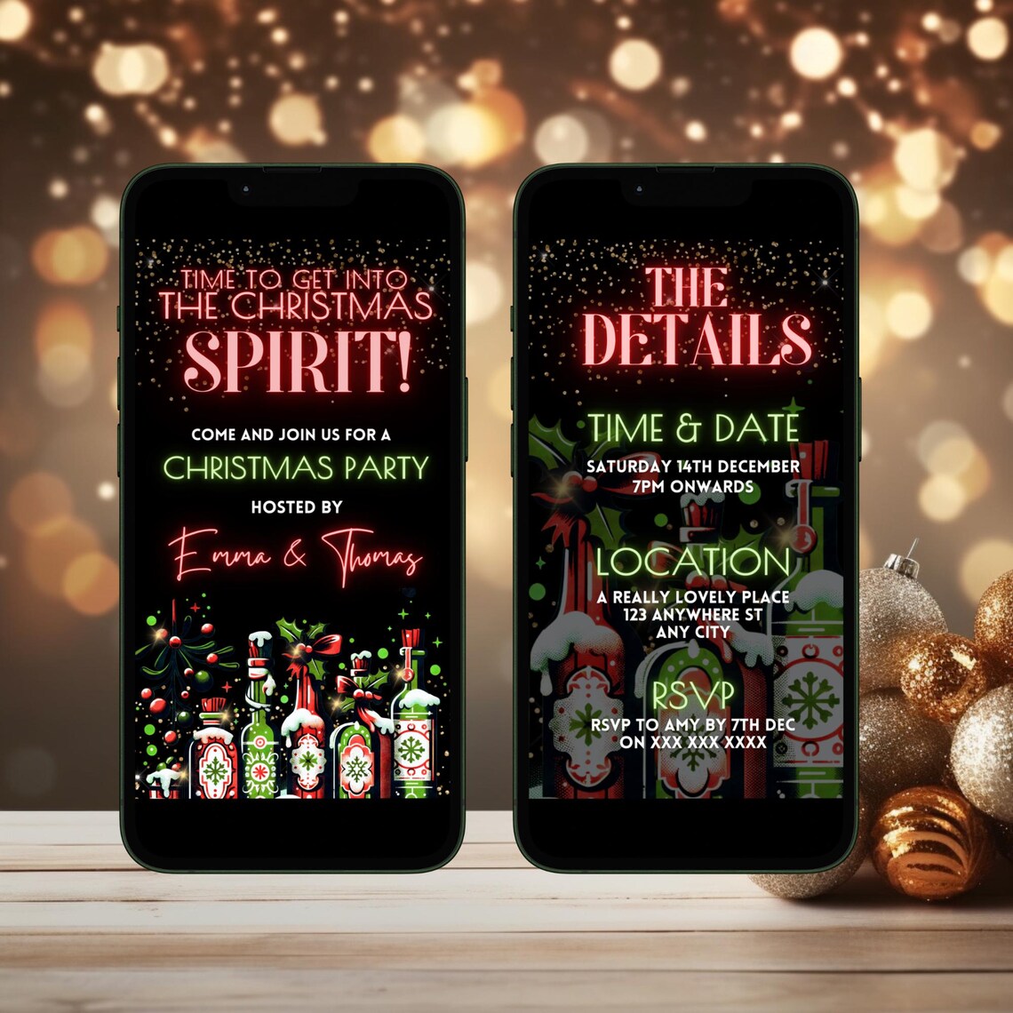 Digital Christmas Party Invitation, Electronic Modern Black and Neon ...