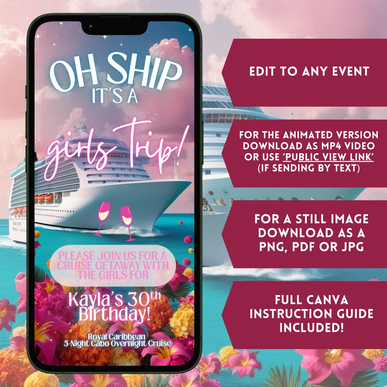 Oh Ship Its A Girls Trip Cruise Invitation, Animated Girl's Trip Cruise ...