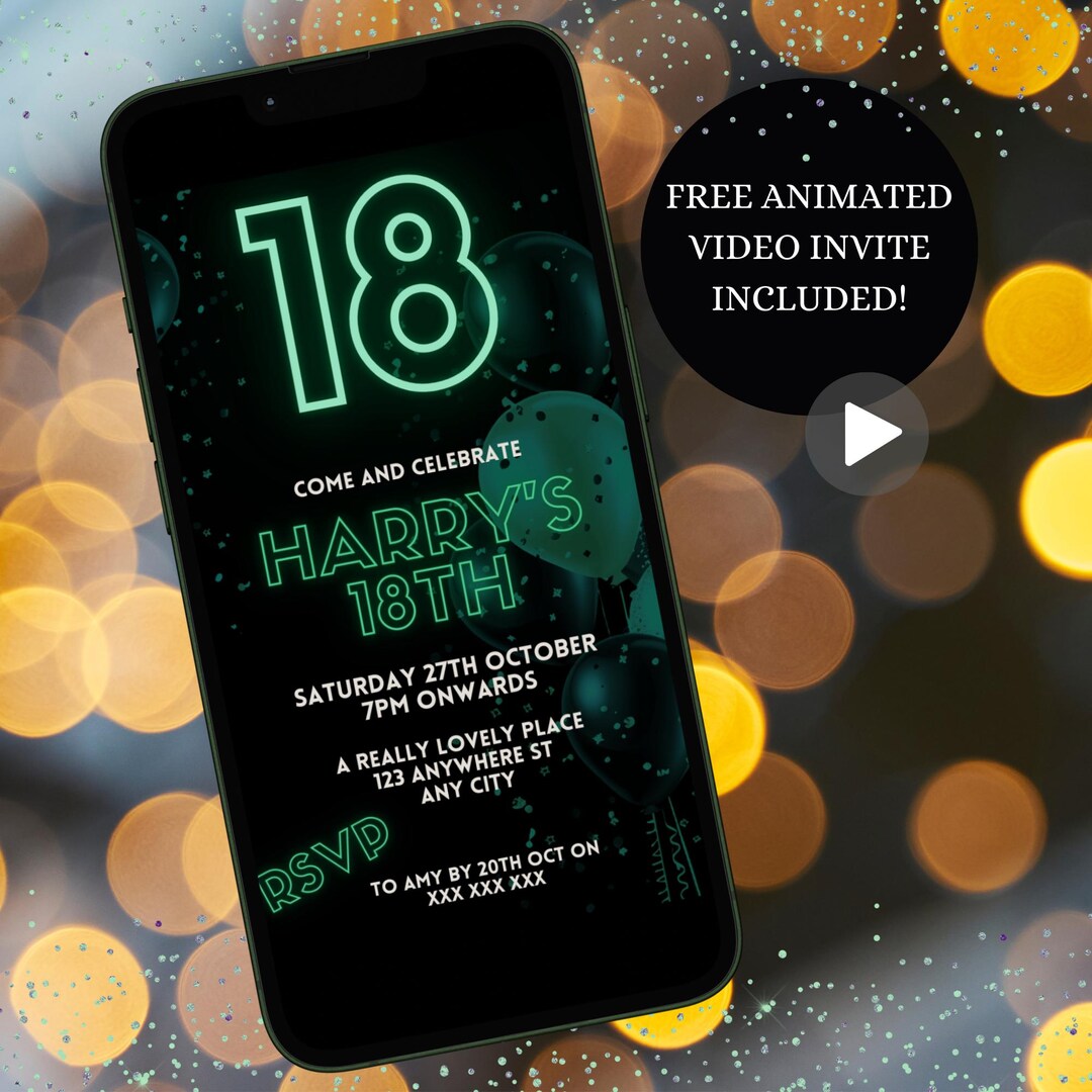 Digital 18th Birthday Invitation for Him, Neon Black and Green ...