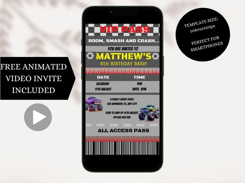Digital Monster Jam Ticket Mobile Invitation, Monster Truck Birthday ...