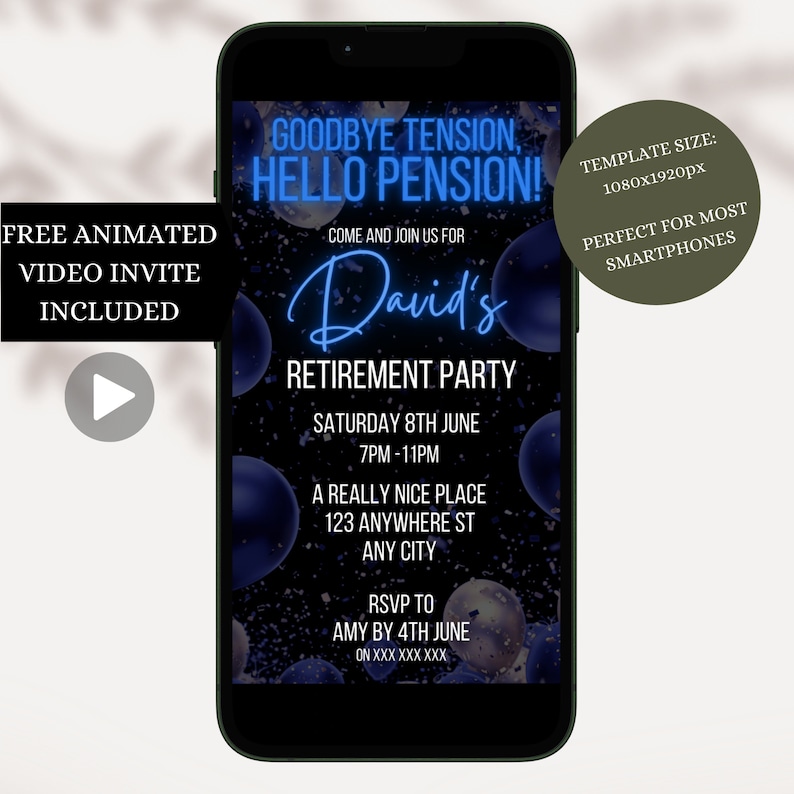 Digital Retirement Party Invitation for Him, Modern Black and Blue ...