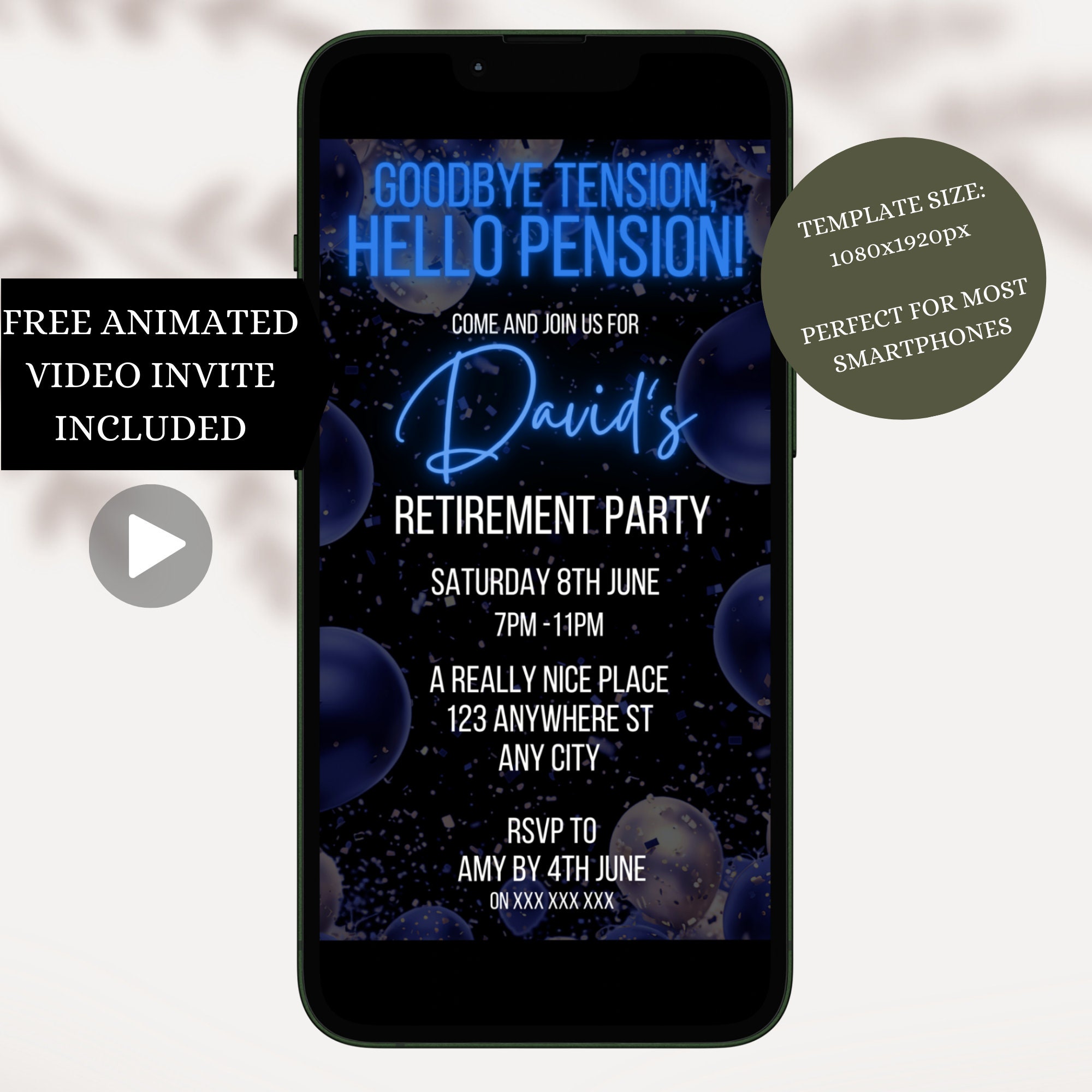 Digital Retirement Party Invitation for Him, Modern Black and Blue ...