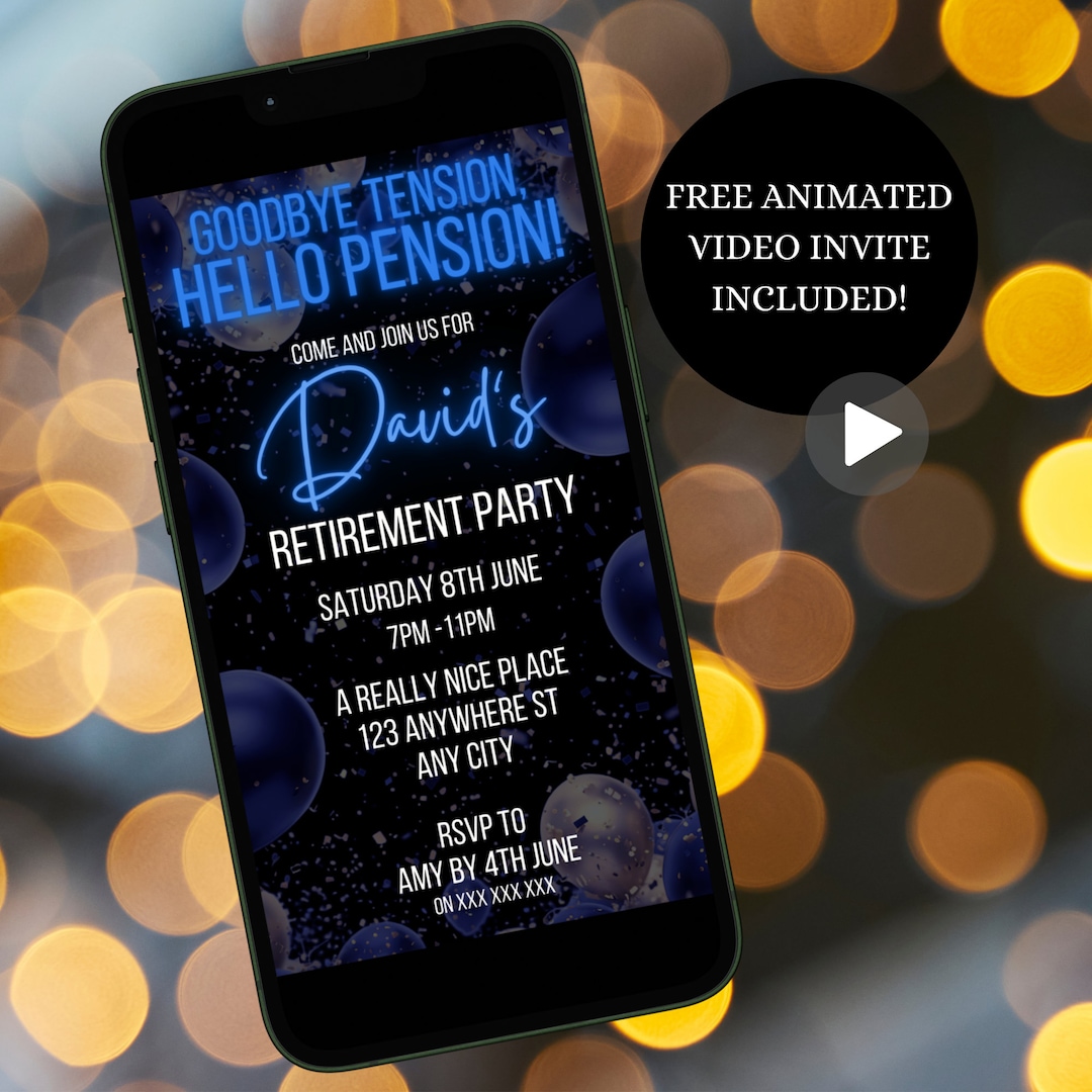 Digital Retirement Party Invitation for Him, Modern Black and Blue ...