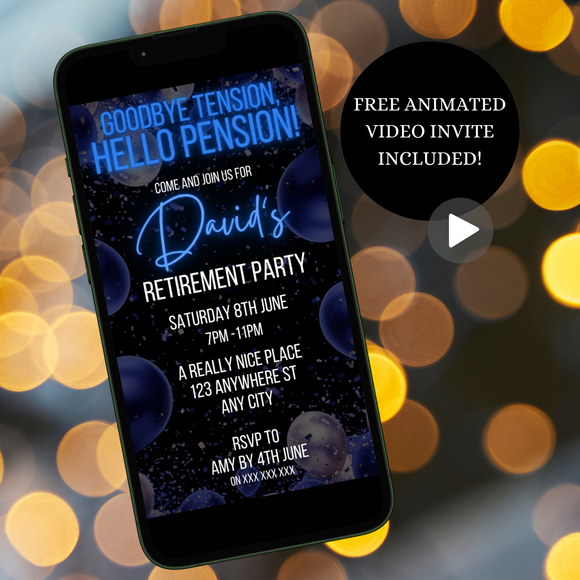 Digital Retirement Party Invitation for Him, Modern Black and Blue ...