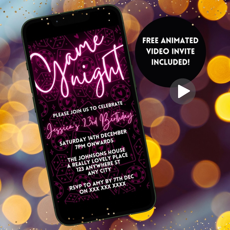 Digital Game Night Party Invitation for Women, Electronic Any Age Pink ...