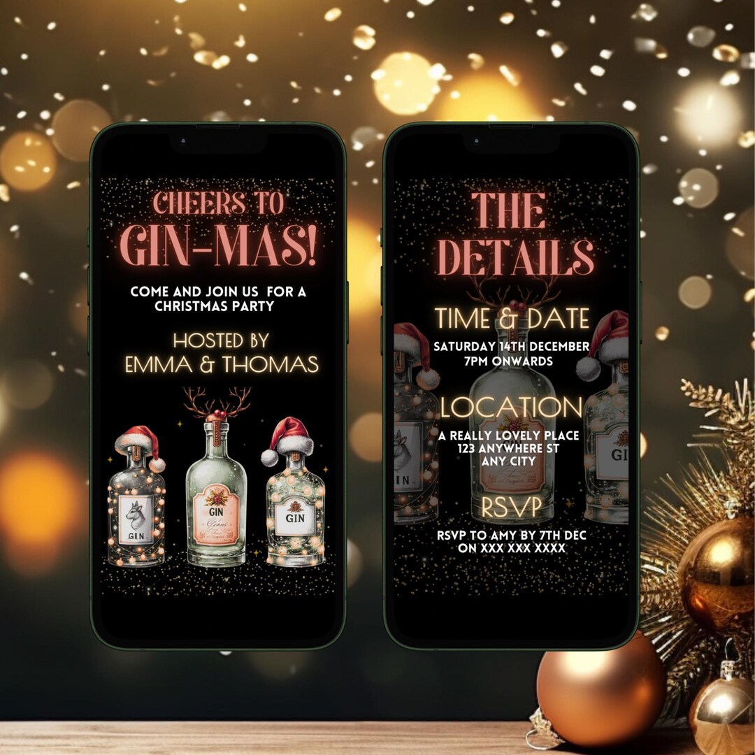Digital Christmas Party Invitation for Gin Lovers, Electronic Retro Gin ...
