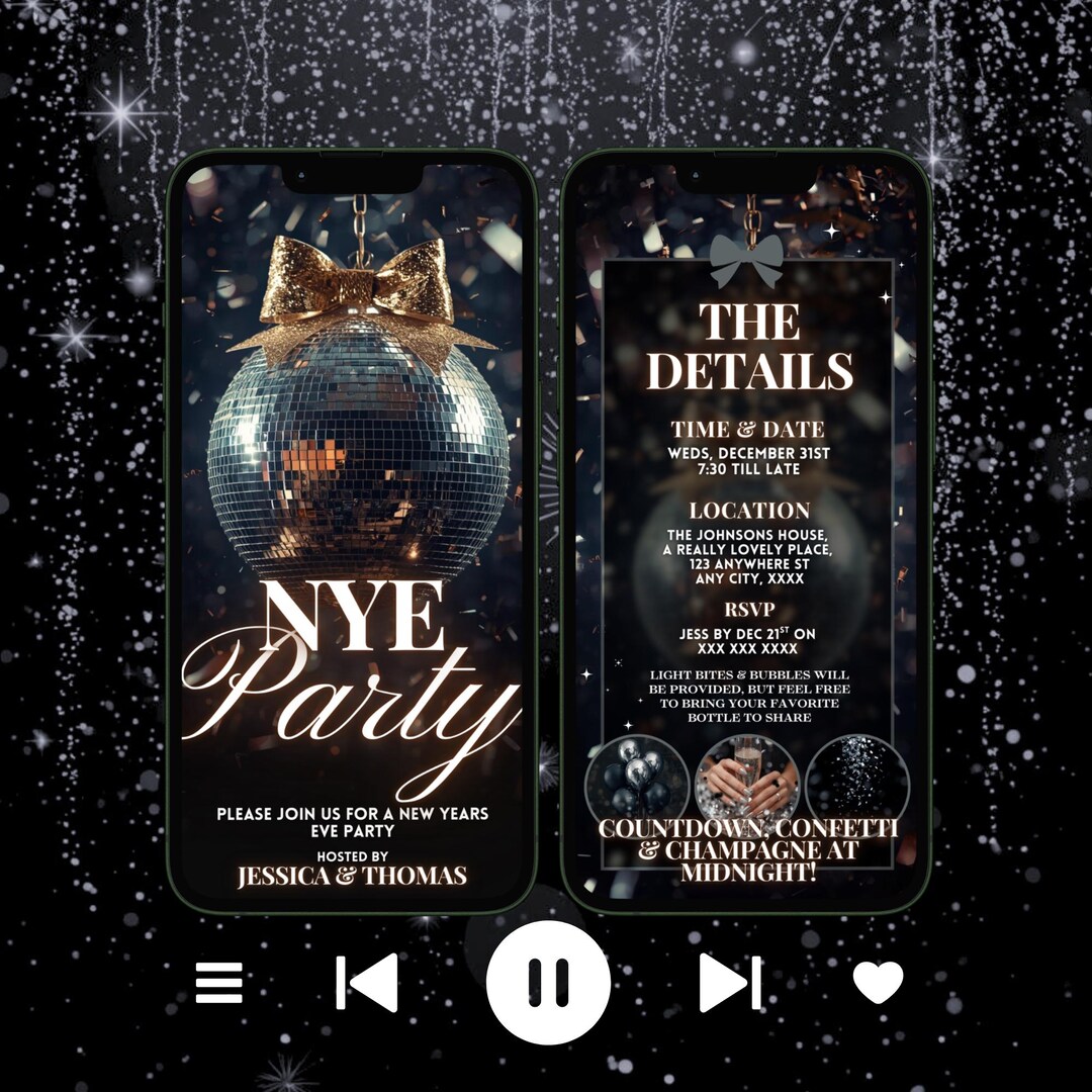 New Year's Eve Party Invitation, Animated Black & Chrome NYE Invite ...