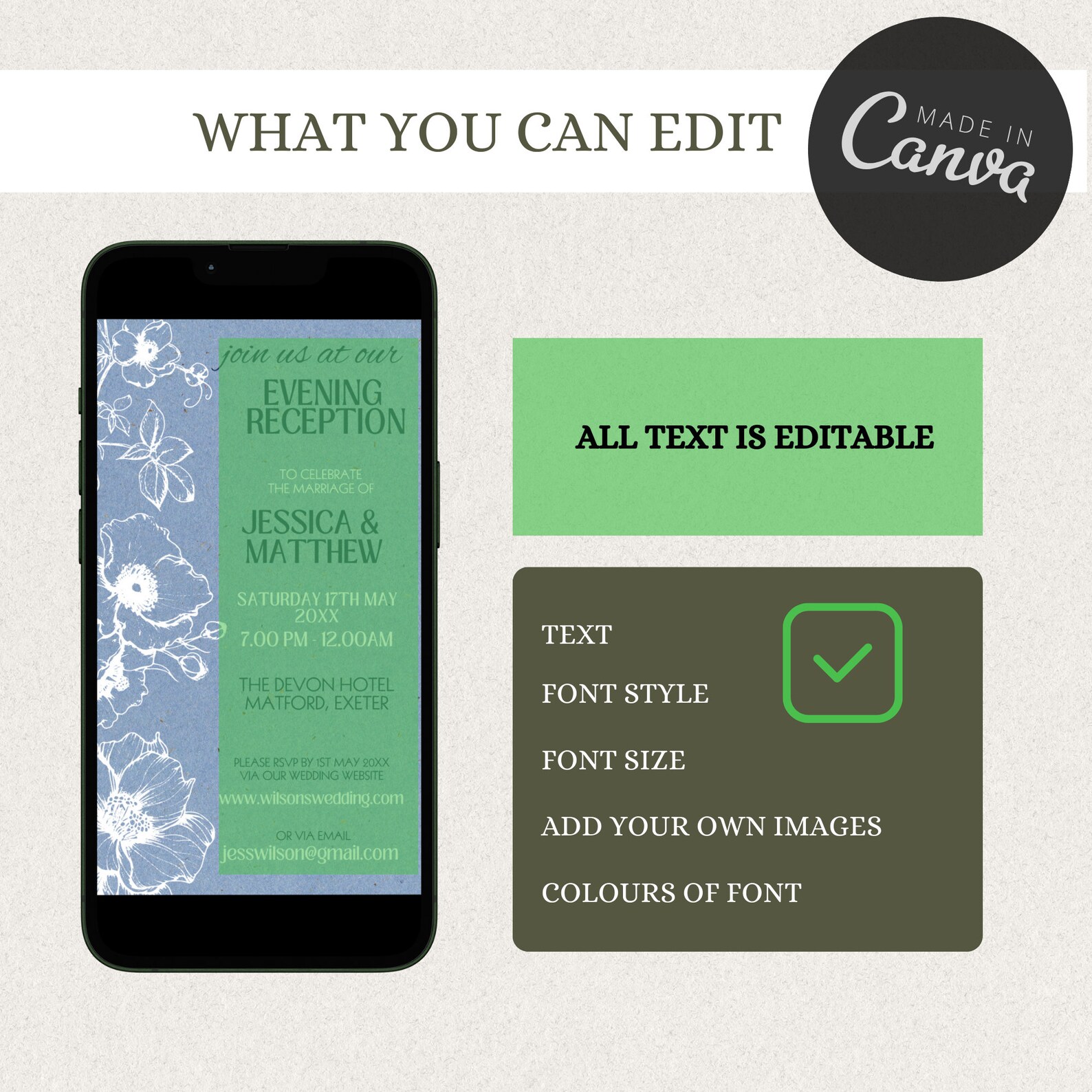 Evening Wedding Reception Electronic Invitation, Dusty Blue Floral ...