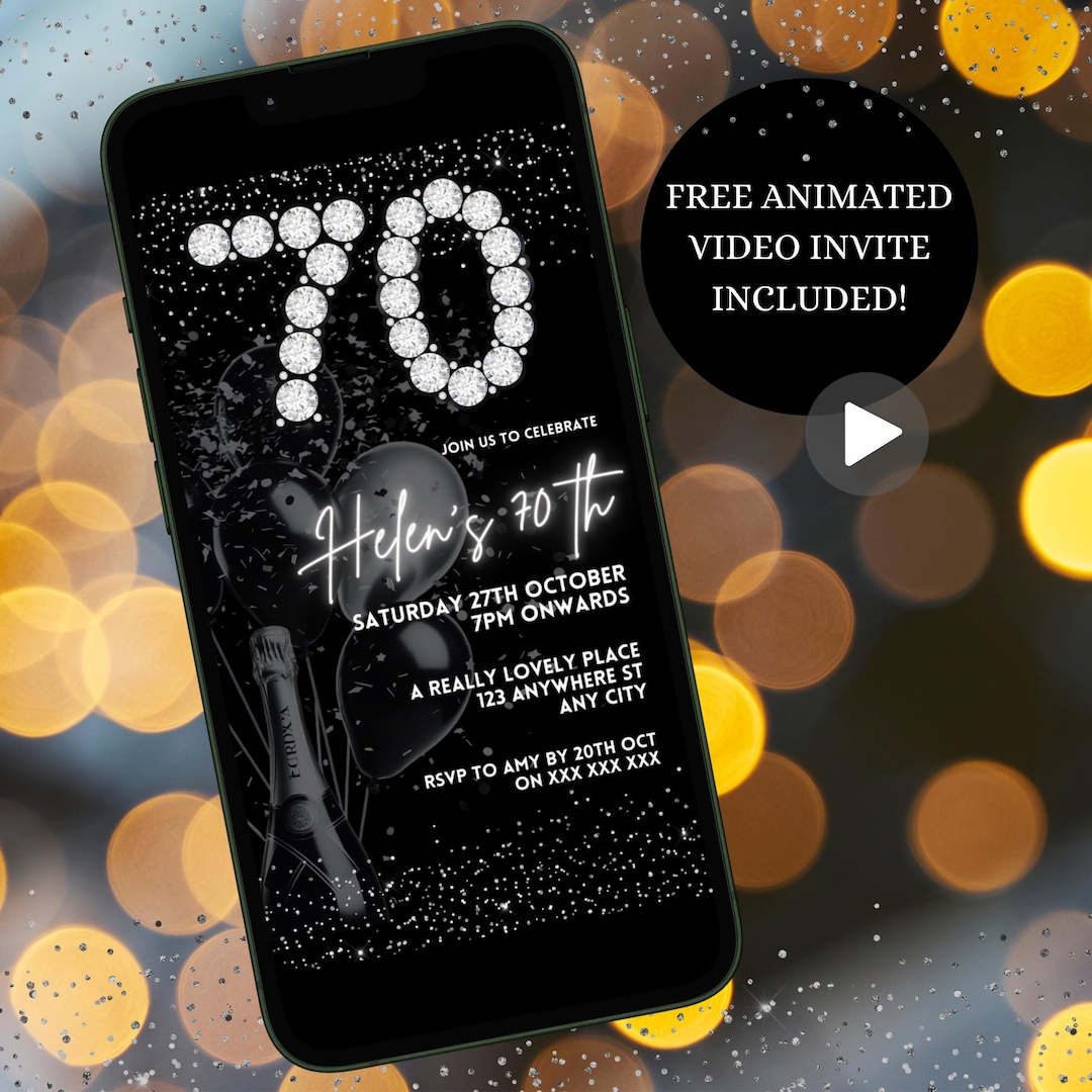 Digital 70th Birthday Invitation for Women, Electronic Black and Chrome ...