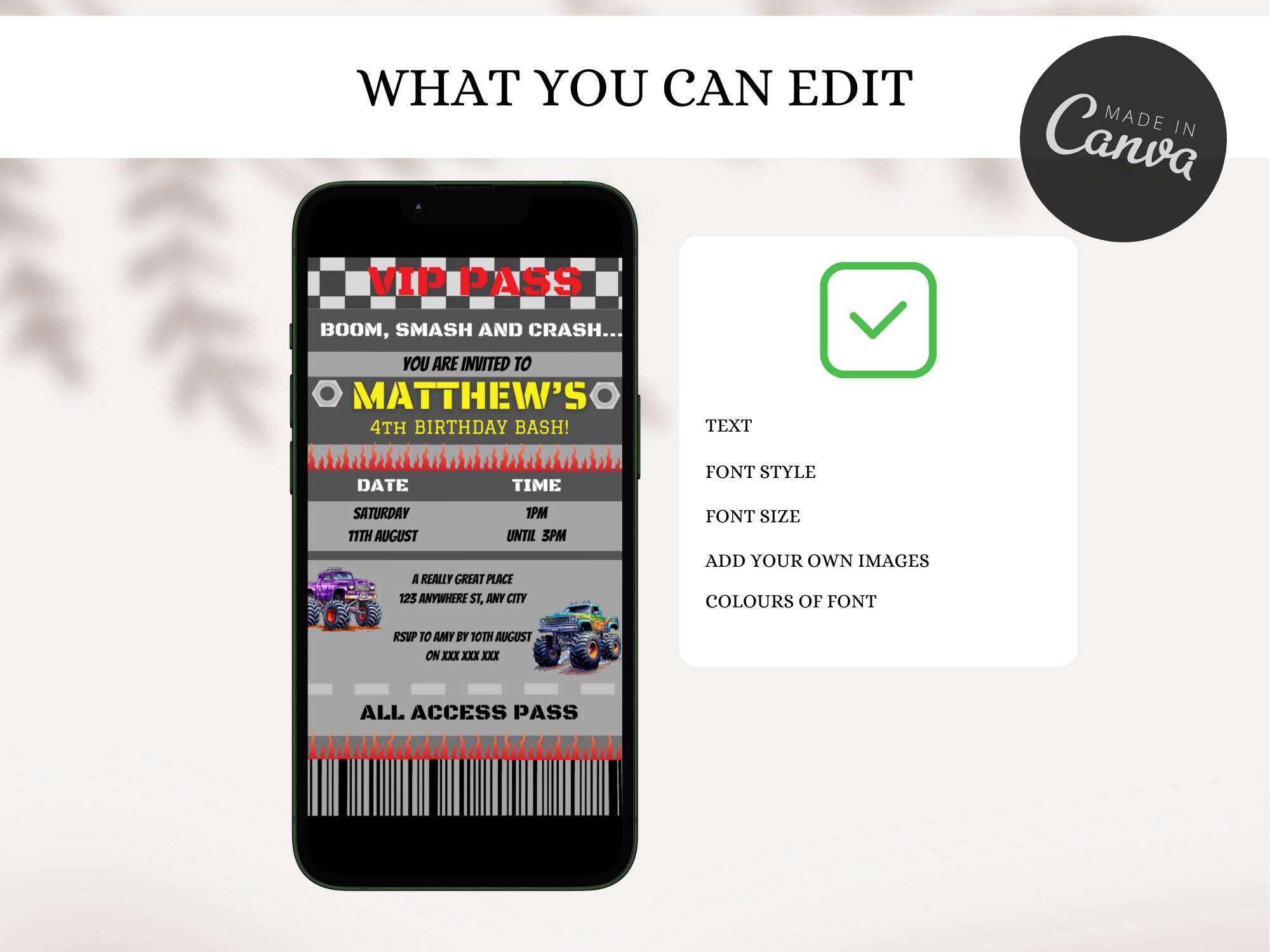 Digital Monster Jam Ticket Mobile Invitation, Monster Truck Birthday ...